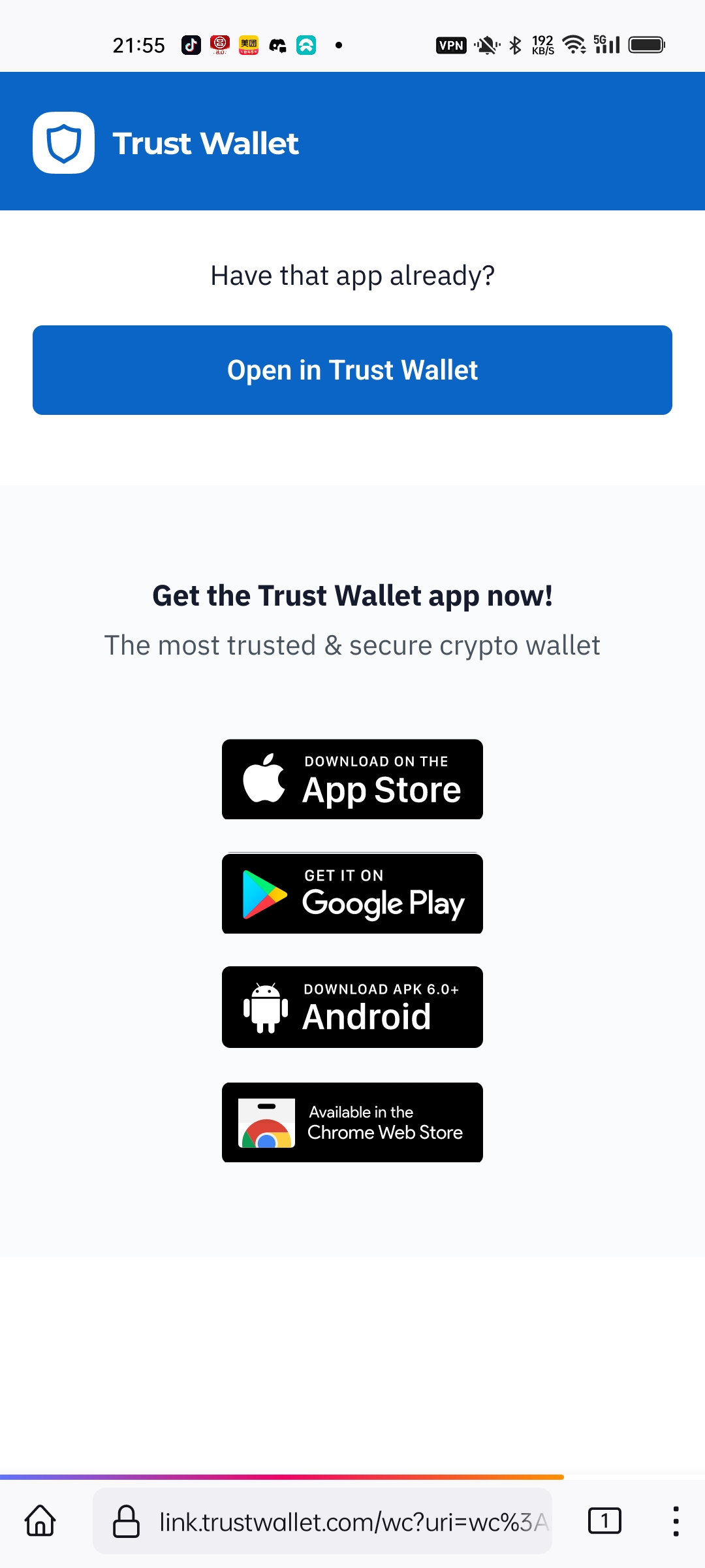 New user try to connect WallectConnect with AlphaWallet should be redirect to download page ...