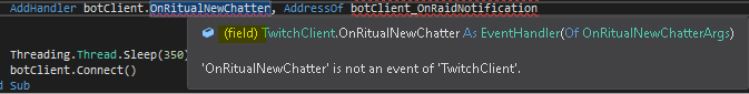 Events considered as Fields in VB.NET · Issue #91 · TwitchLib/TwitchLib.Client · GitHub