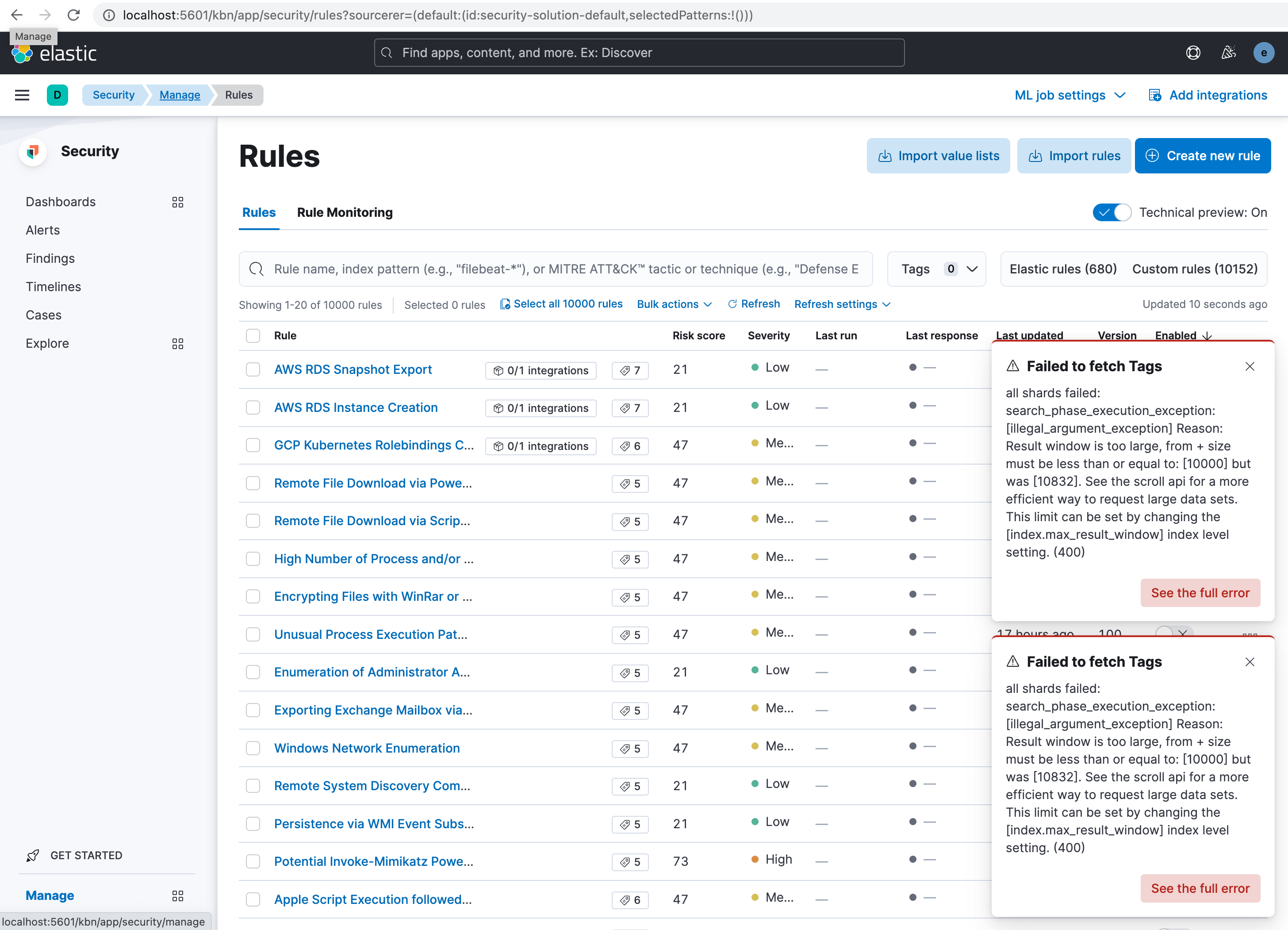 [Security Solution] Fetching rules' tags fails when there are >10k rules · Issue #140693 ...