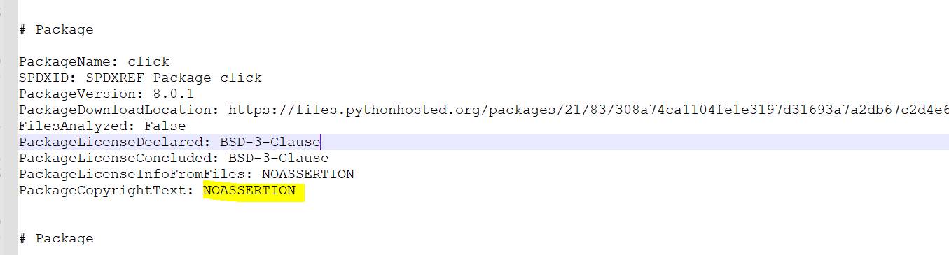 Python(Python) - venv - NOASSERTION is displayed for PackageCopyrightText even when copyright ...