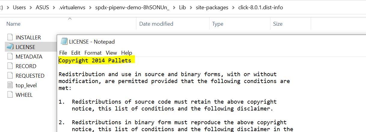 Python(Python) - venv - NOASSERTION is displayed for PackageCopyrightText even when copyright ...