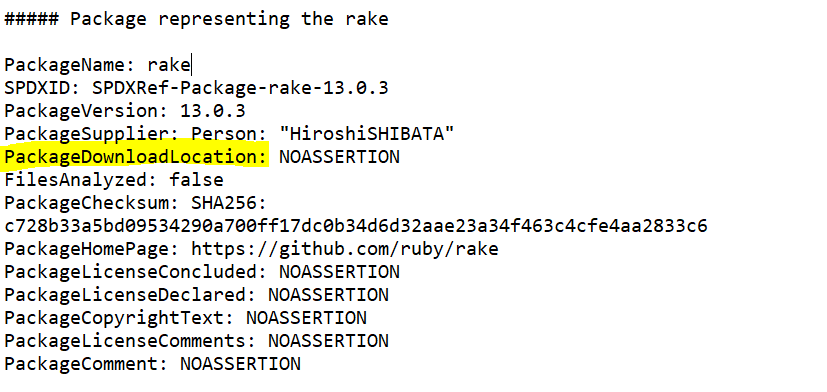 Ruby - NOASSERTION is displayed for PackageDownloadLocation even when values exists as per the ...