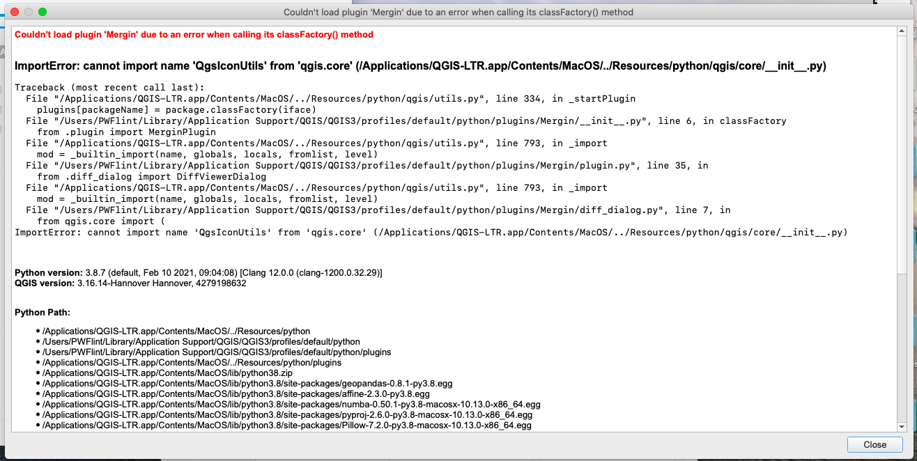Couldnt Load Plugin Mergin Due To An Error When Calling Its Classfactory Method Qgis 316 1299