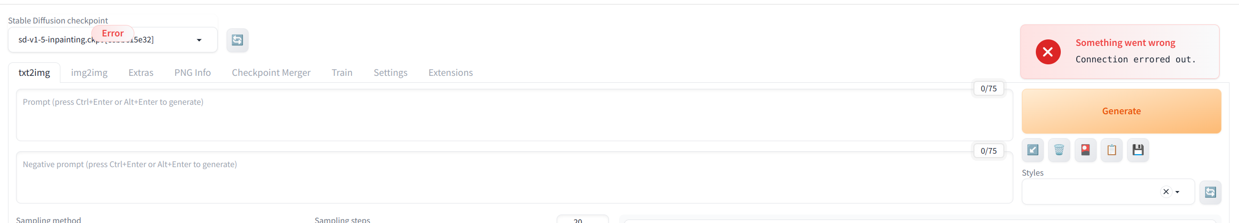 [Bug]: connection errored out when changing checkpoint · Issue #10869 · AUTOMATIC1111/stable ...