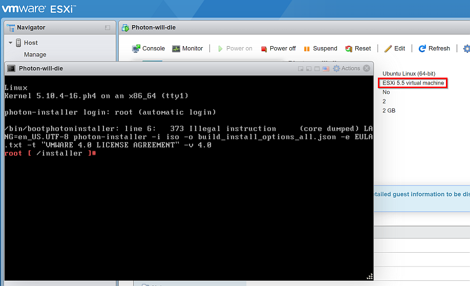 Photon 4.0 installer dumps core on ESX versions