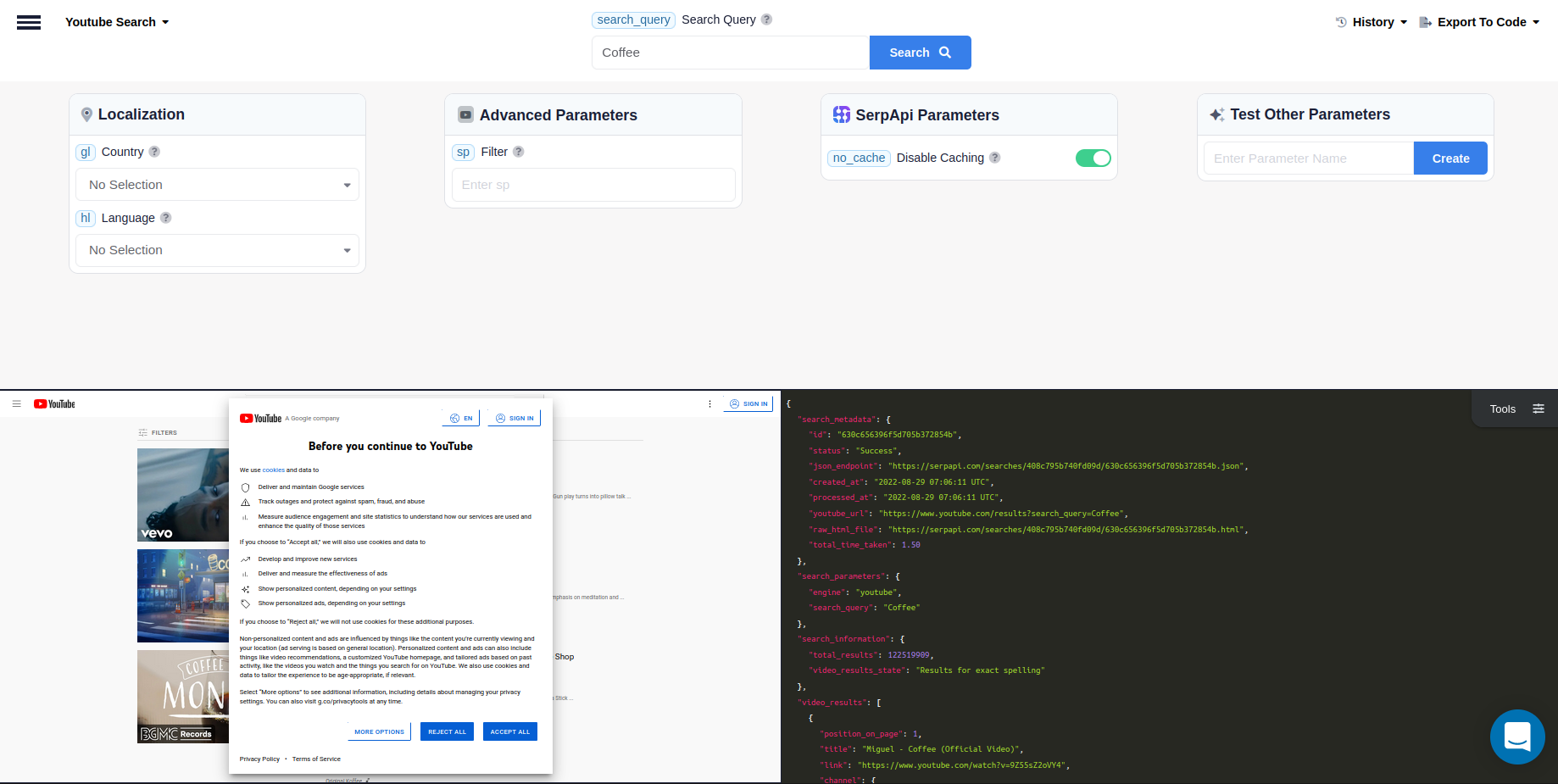 [Youtube Search API] Playground and Inspect Links show a consent popup ...