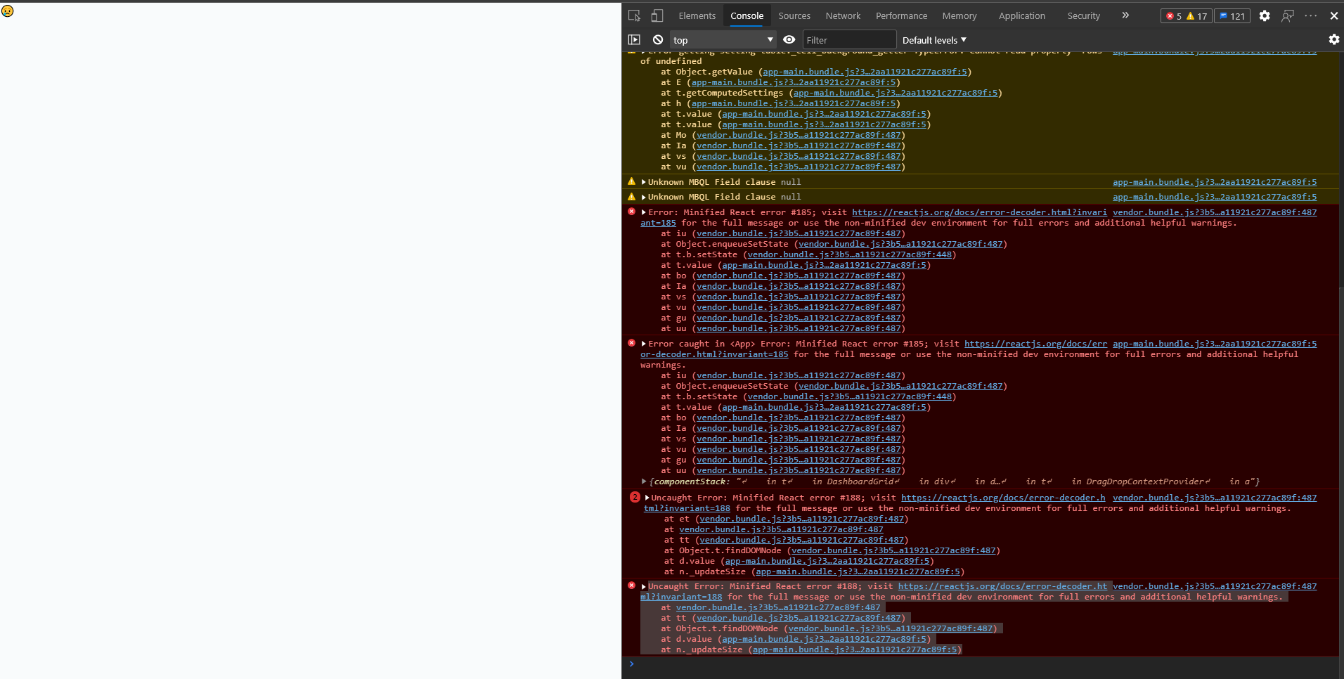 When loading the dashboard page in metabase might occur error - Error: Minified React error #185 ...