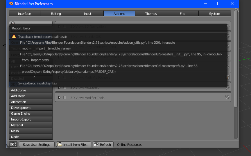 Syntax Error · Issue #406 · domlysz/BlenderGIS · GitHub