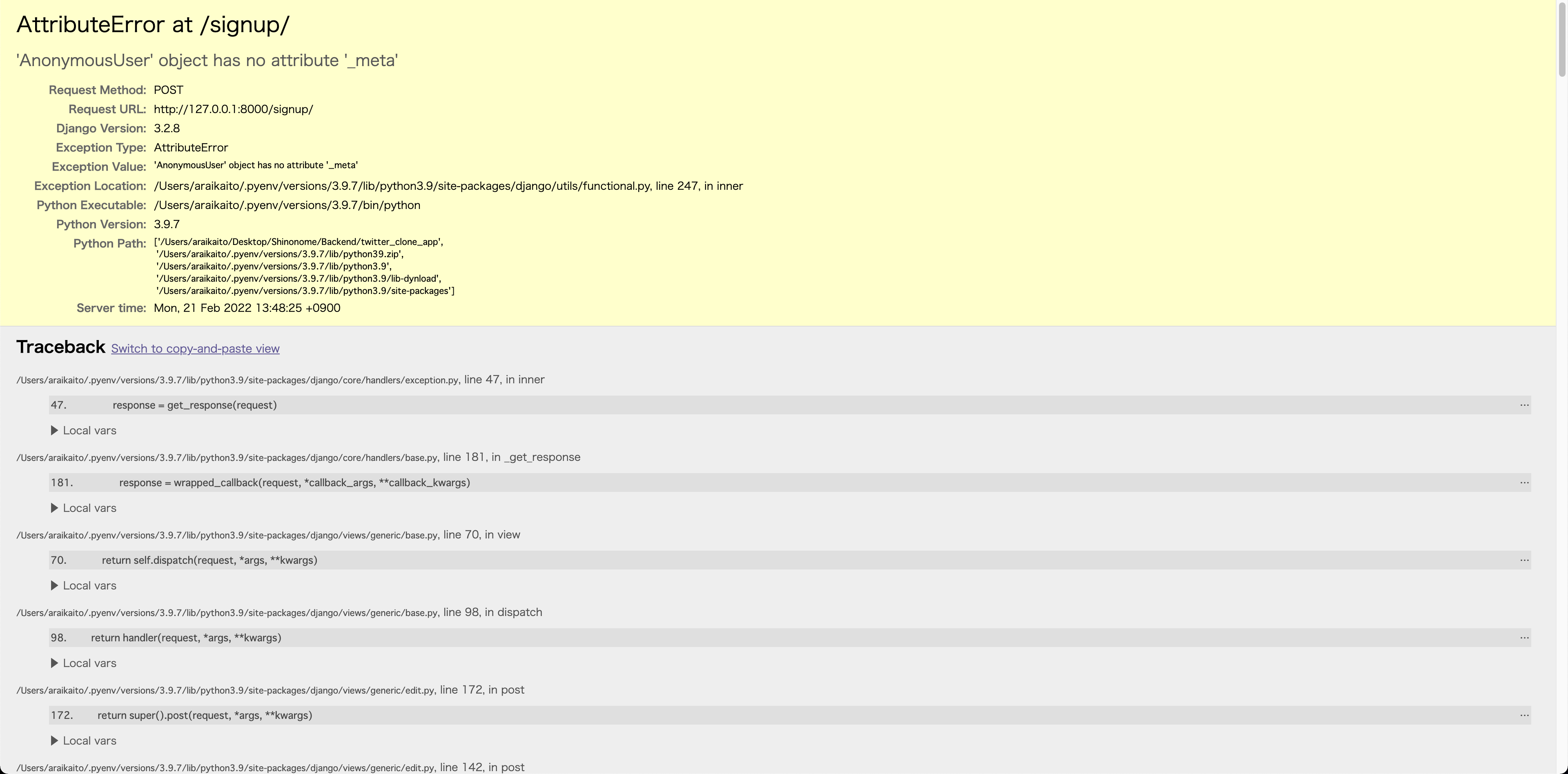 AnonymousUser' object has no attribute '_meta'】 · Issue #5 · Kaito-a-bit/twitter_clone_app · GitHub