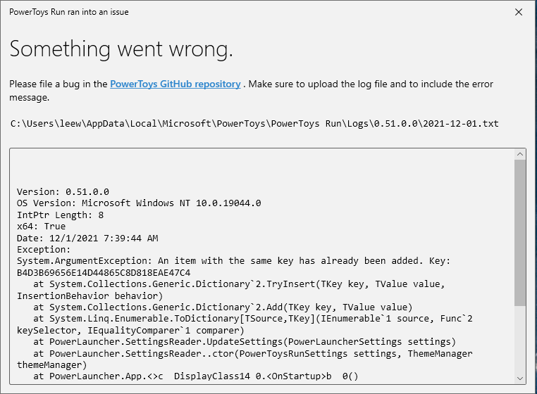 System.ArgumentException: An item with the same key has already been added. Key ...