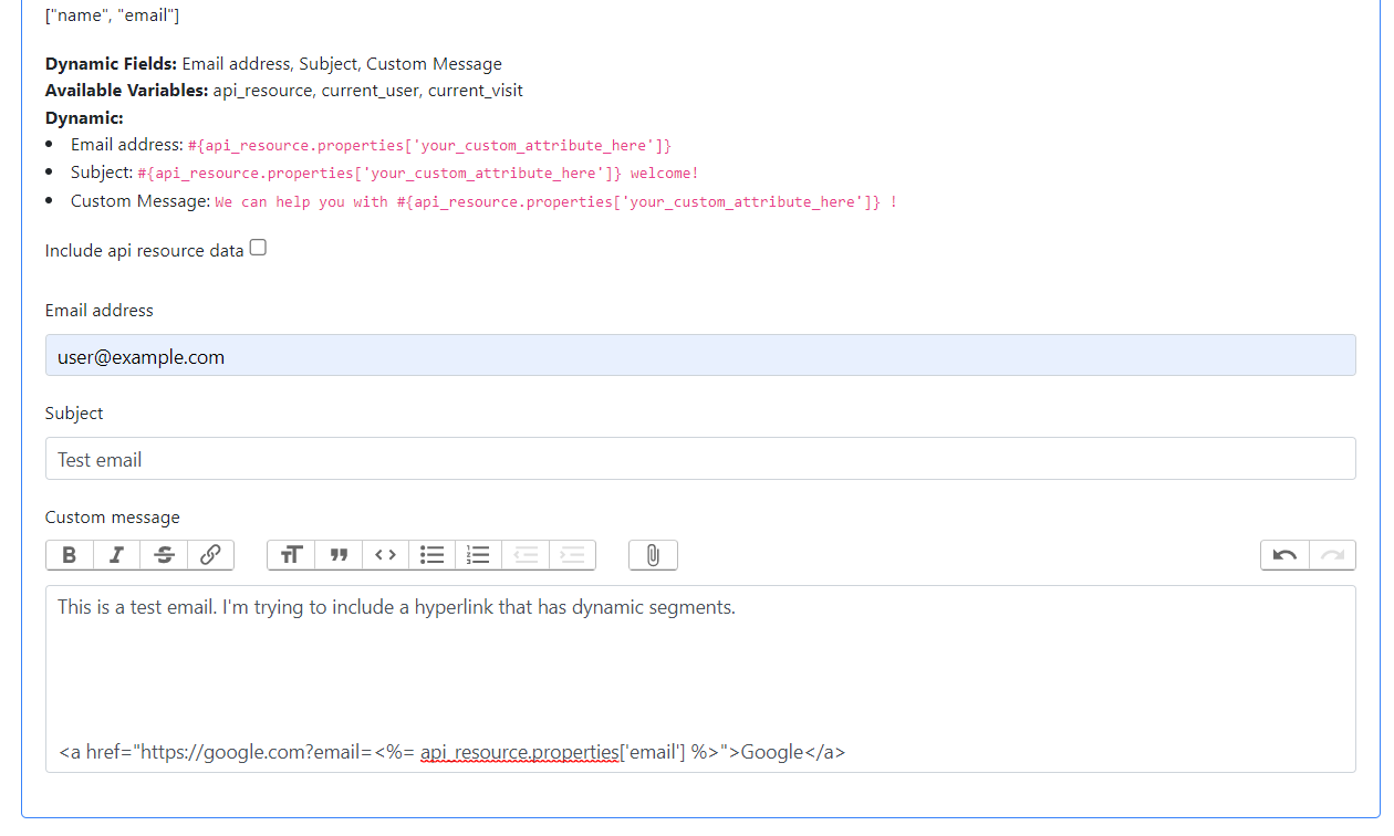 Dynamic links get broken in send_email API action once changes are saved · Issue #1052 ...