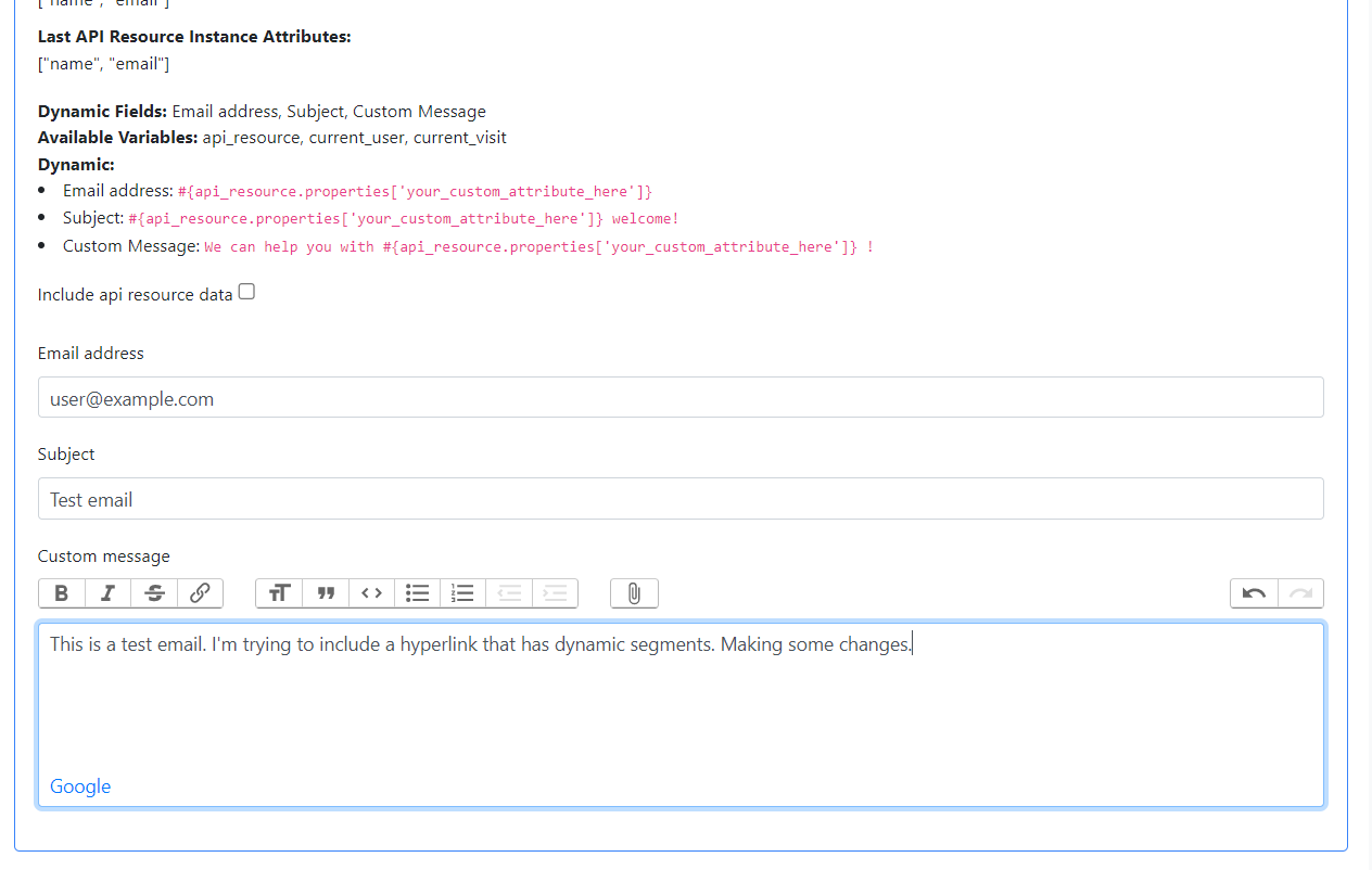 Dynamic links get broken in send_email API action once changes are saved · Issue #1052 ...