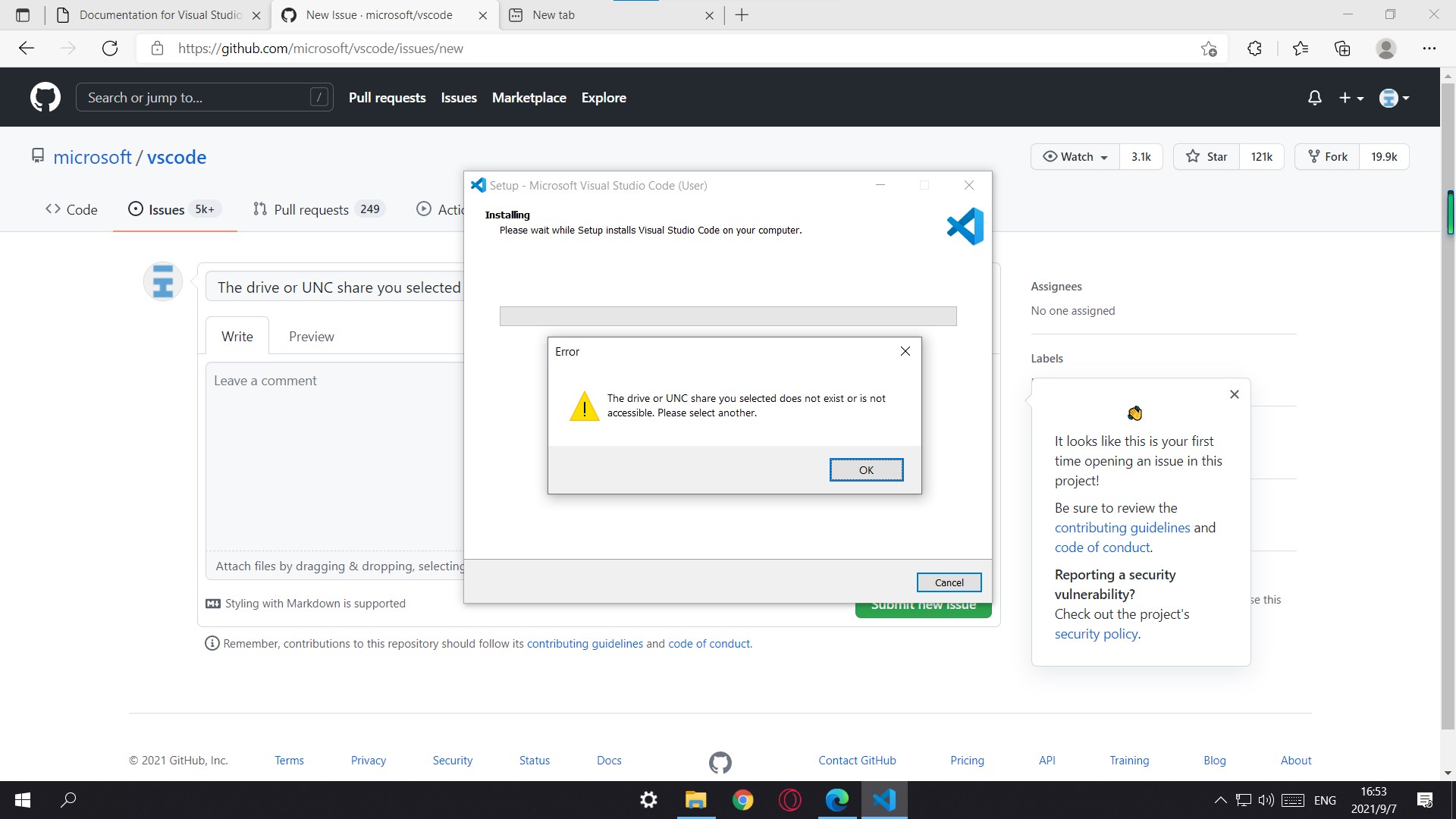 The drive or UNC share you selected does not exist or is not accessible ...