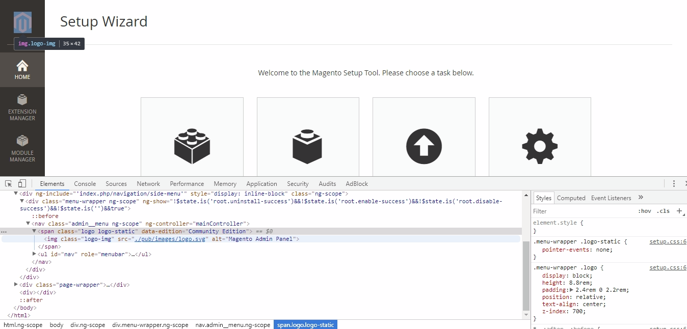Sidebar shortcut to admin dashboard (Magento logo on top left) has no link in web setup wizard ...