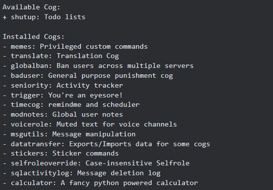Remove the colors in Installed Cogs list · Issue #6003 · Cog-Creators/Red-DiscordBot · GitHub