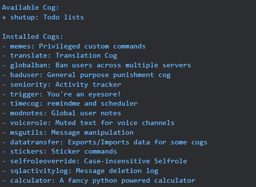 Remove the colors in Installed Cogs list · Issue #6003 · Cog-Creators/Red-DiscordBot · GitHub