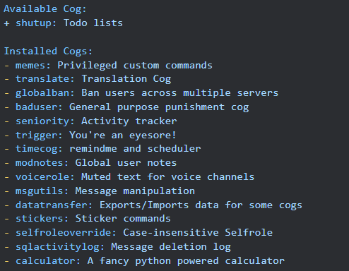 Remove the colors in Installed Cogs list · Issue #6003 · Cog-Creators/Red-DiscordBot · GitHub