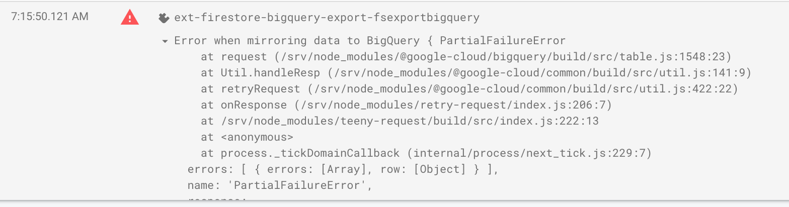 Error when mirroring data to BigQuery PartialFailureError · Issue #235 · firebase/extensions ...