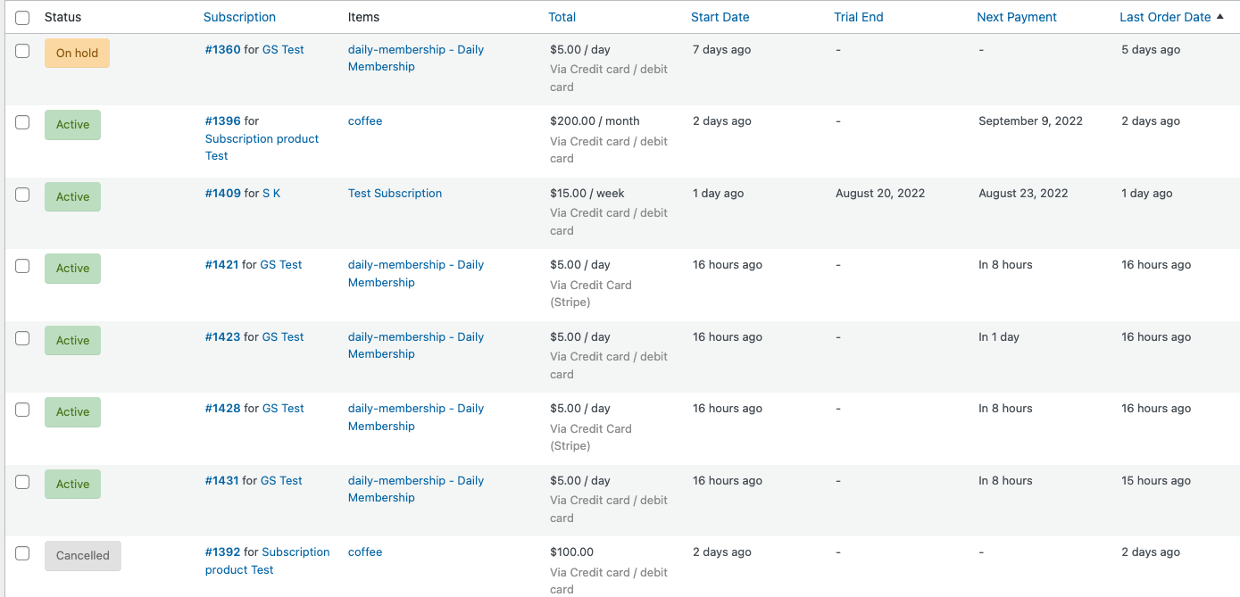 With COT no sync, sorting subscriptions by Next Payment and Last Order Date does not give the ...