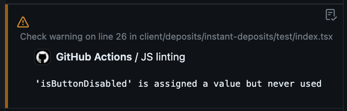 GitHub shows warning of unused variable for `isButtonDisabled` in `client/deposits/instant ...