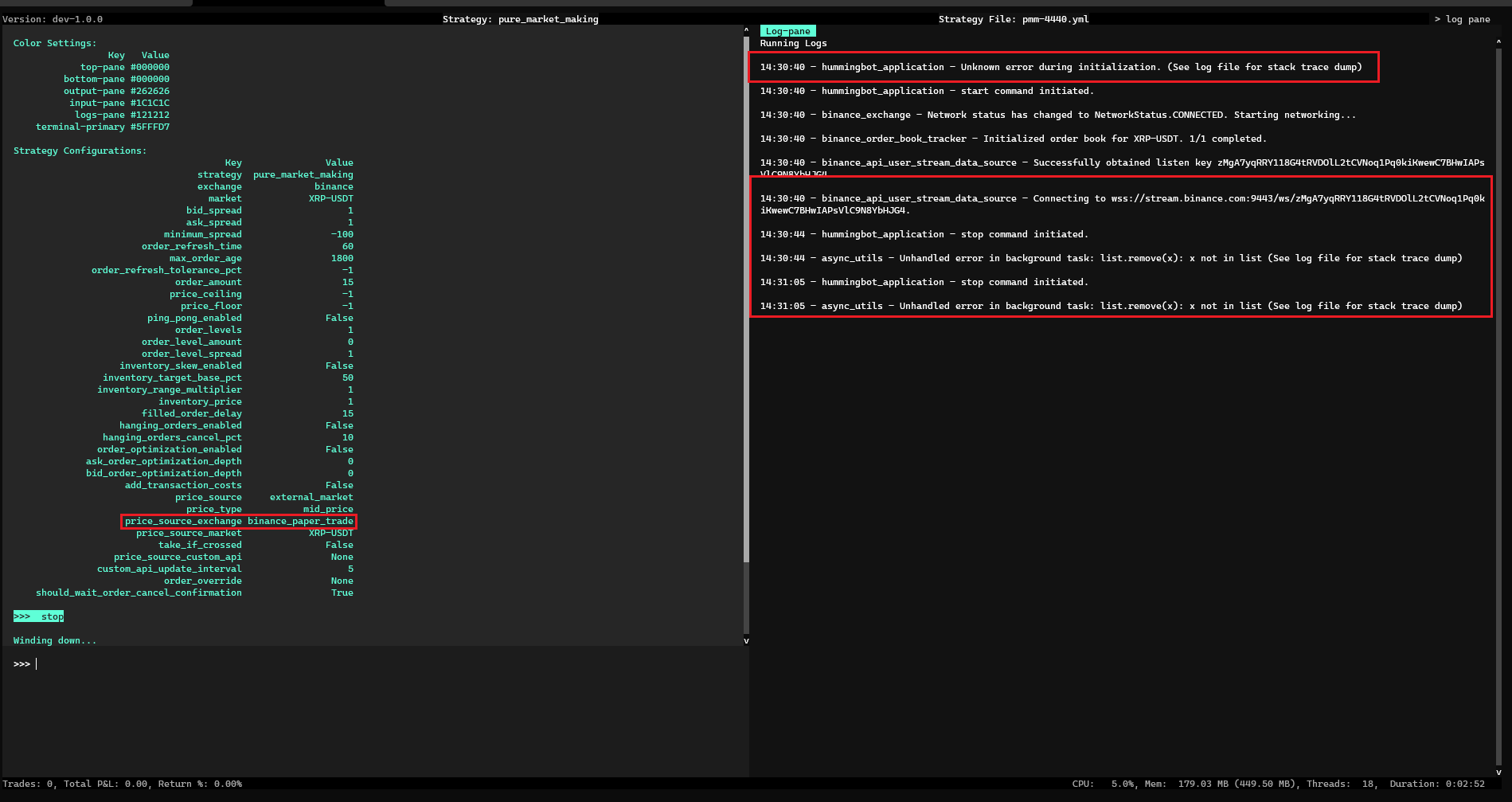 Pure Market Making - Getting unknown error when papertrade connector is set as price_source ...