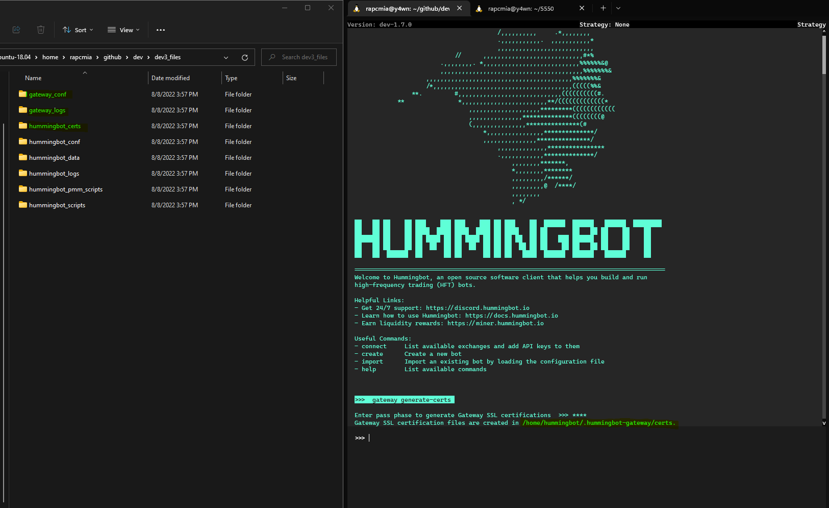 Gateway v2 - returns incorrect gateway certs,conf and log file directory on docker client build ...