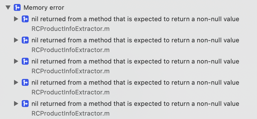 Static Analyzer reports 5 warnings in RCProductInfoExtractor.m: nil returned from a method that ...