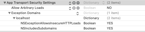 iOS app crashes when NSAllowsArbitraryLoads is set to false and localhost added to exception ...