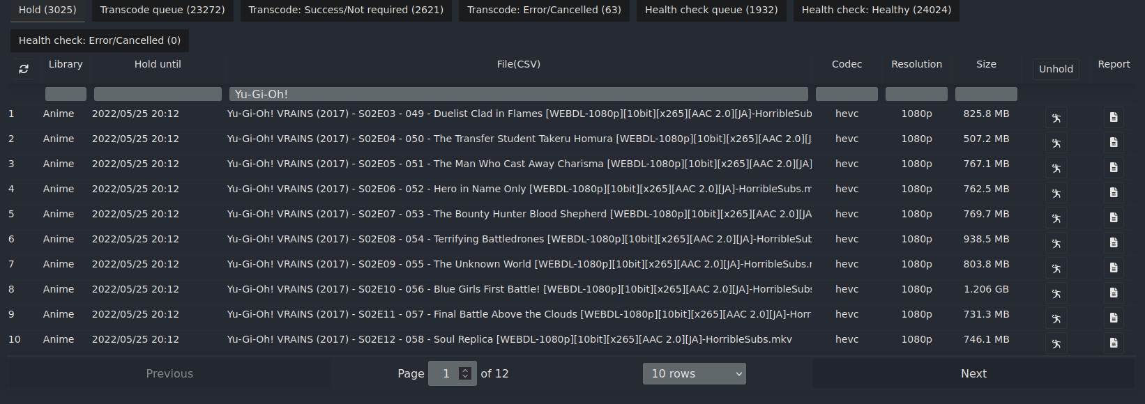 When filtering hold transcode queue by title, page number does not ...