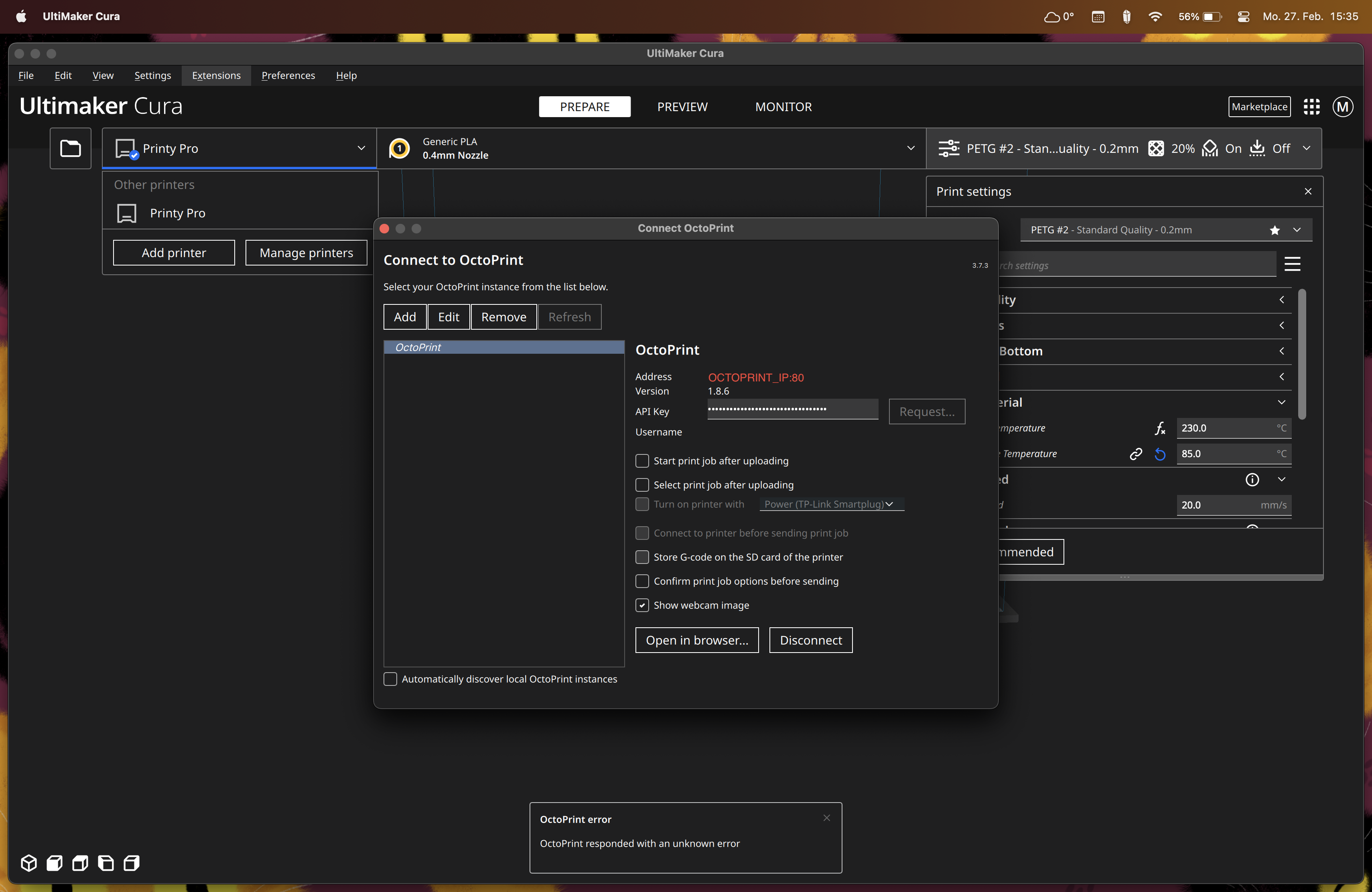 Octoprint Error Octoprint Responded With An Unknown Error · Issue 311 · Fieldofviewcura 