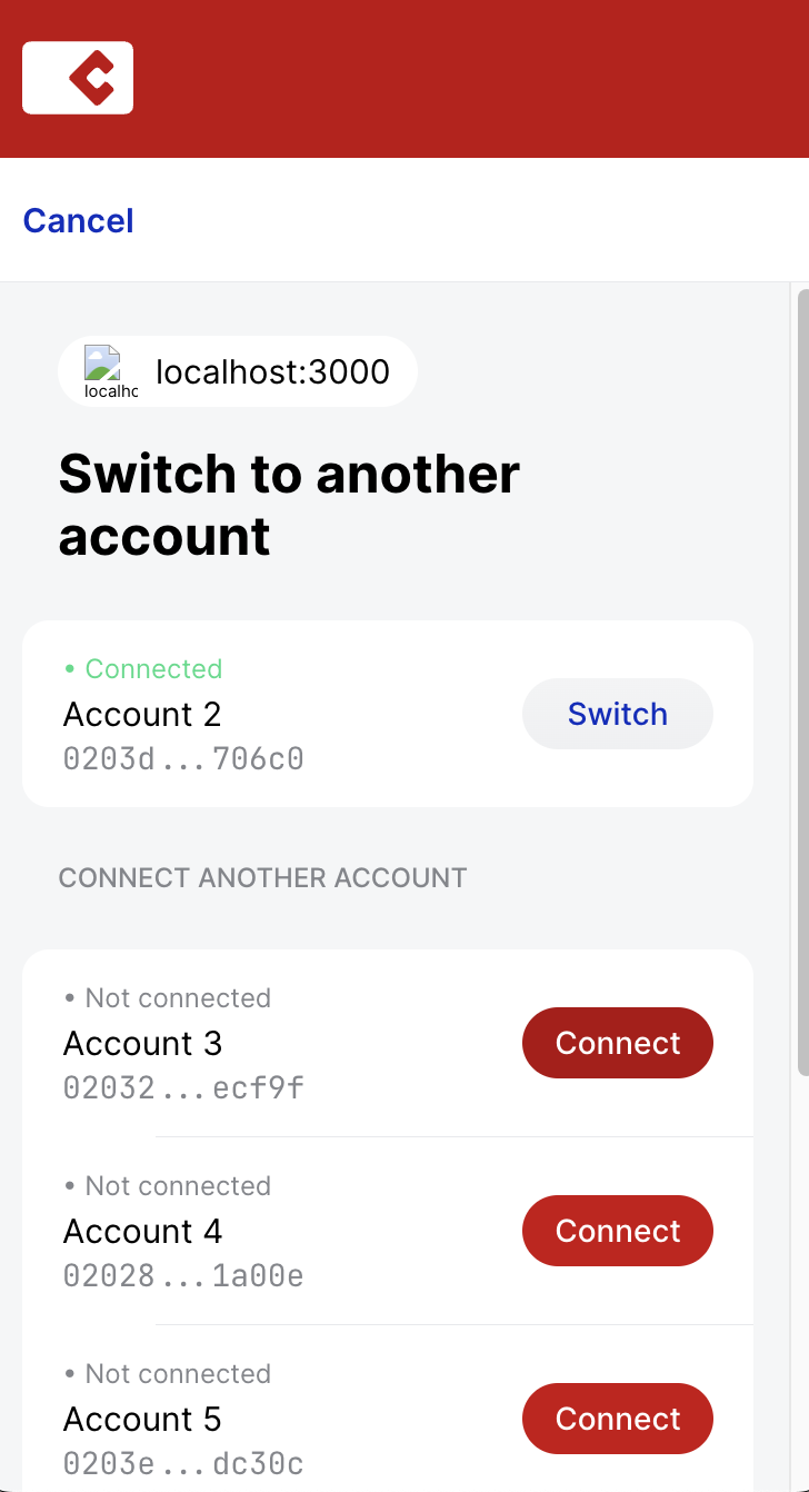 Wallet does not emit correct event when connecting an account from API `requestSwitchAccount ...