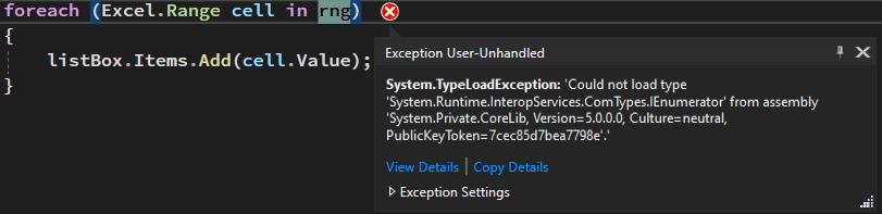 COM reference: exception is thrown when iterating over Excel cells ...