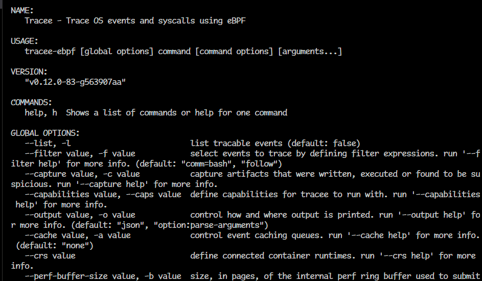 tracee cmdline output (help, list events, list signatures) should have tabled output · Issue ...