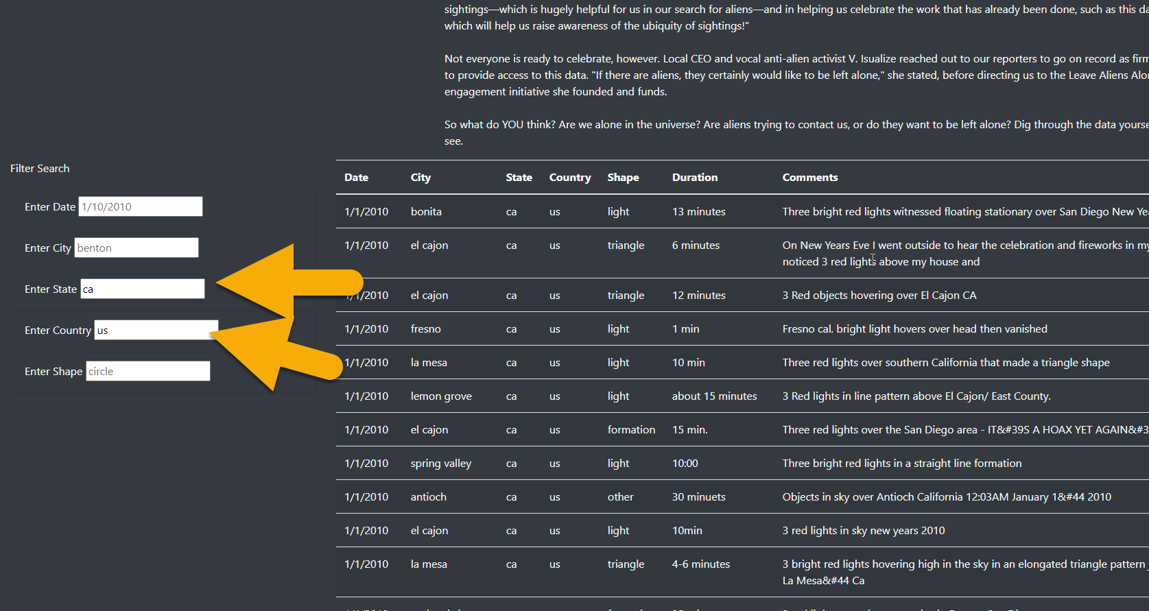 GitHub - Angienoelhaverly/UFOs: Use Javascript, HTML, CSS, and Bootstrap to create a visually ...
