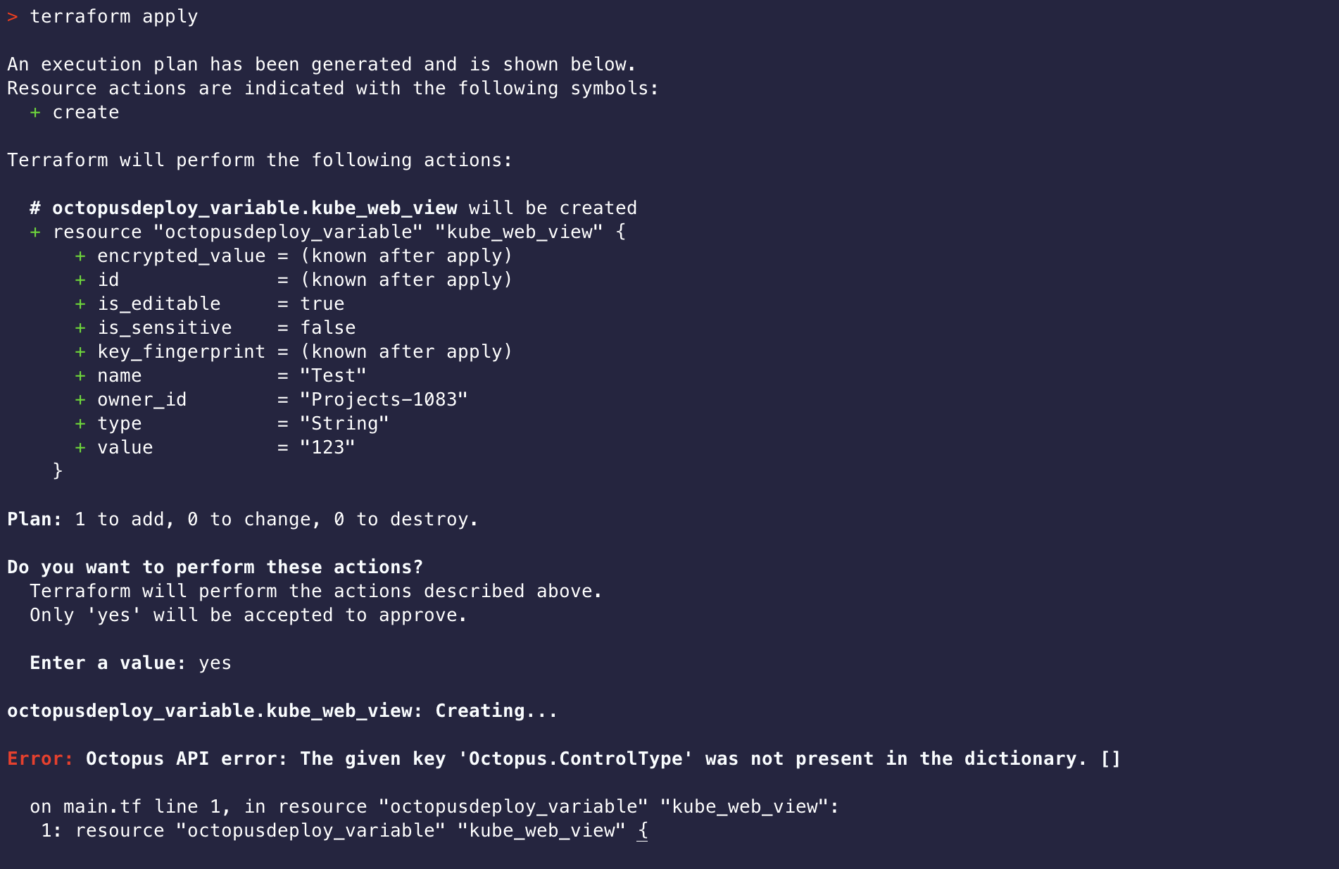 Octopus API error: The given key 'Octopus.ControlType' was not present ...