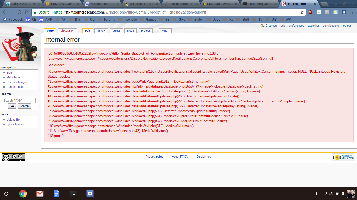 Having extension enabled produces HTTP error 500 when doing null edits or touch.py on pywikibot ...