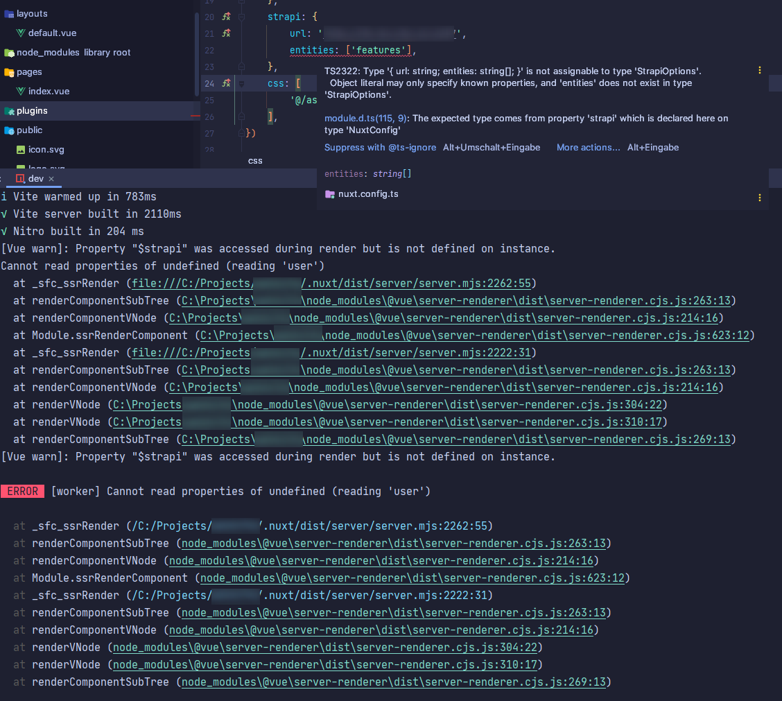 Property "$strapi" was accessed during render but is not defined on instance / 'entities' does ...