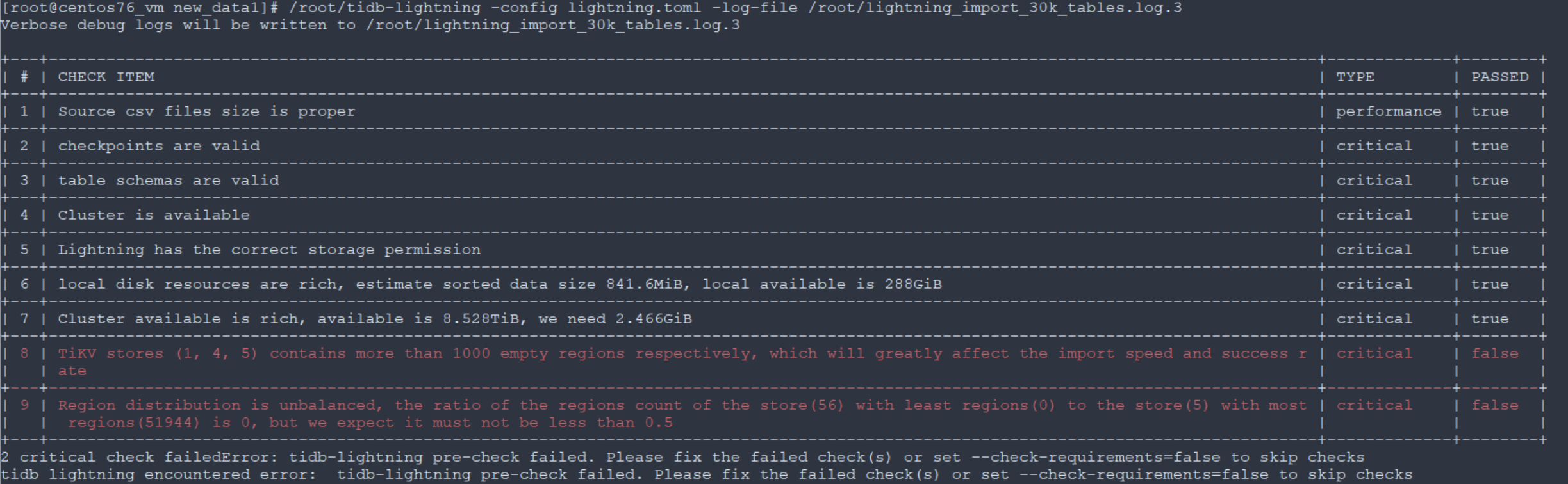Lightning import 35k tables failed on new cluster for too many empty regions and region ...
