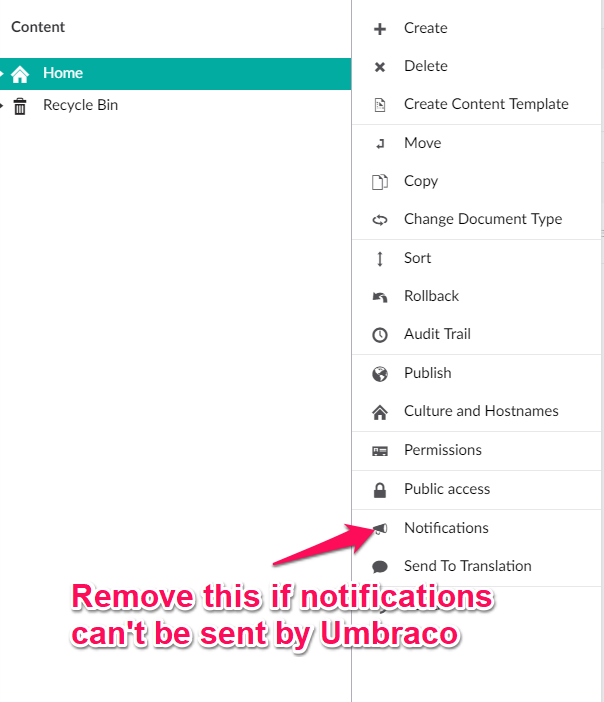 Hide "Notifications" option in menu if Umbraco can't send system mails · Issue #3390 · umbraco ...