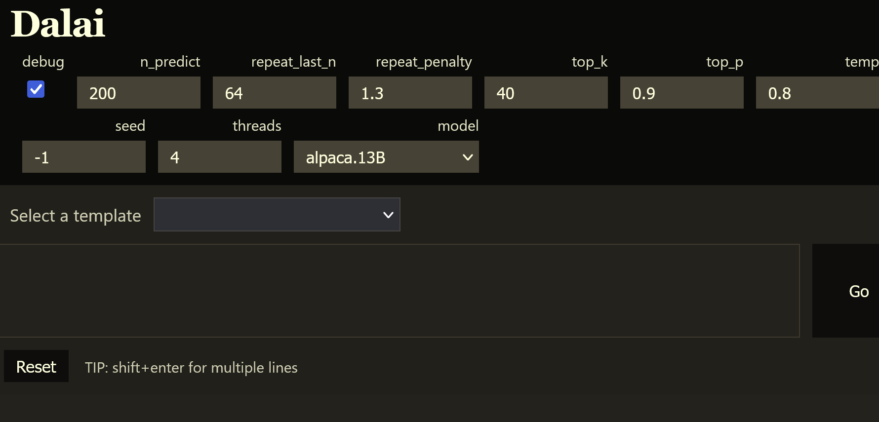 Can select "Model", but not "template" · Issue #326 · cocktailpeanut/dalai · GitHub