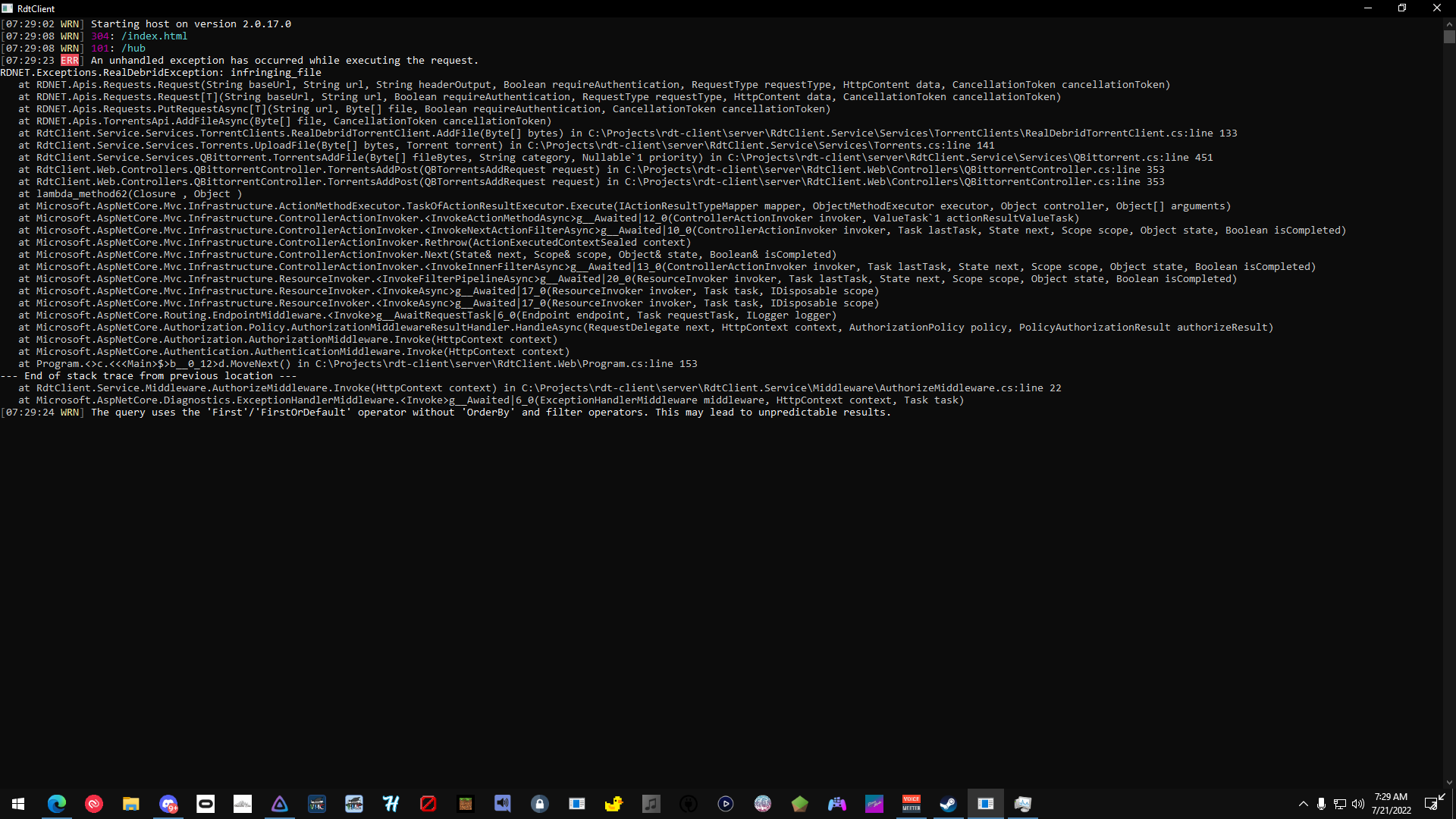 I'm on the rdt-client latest version service version on windows 10 ...