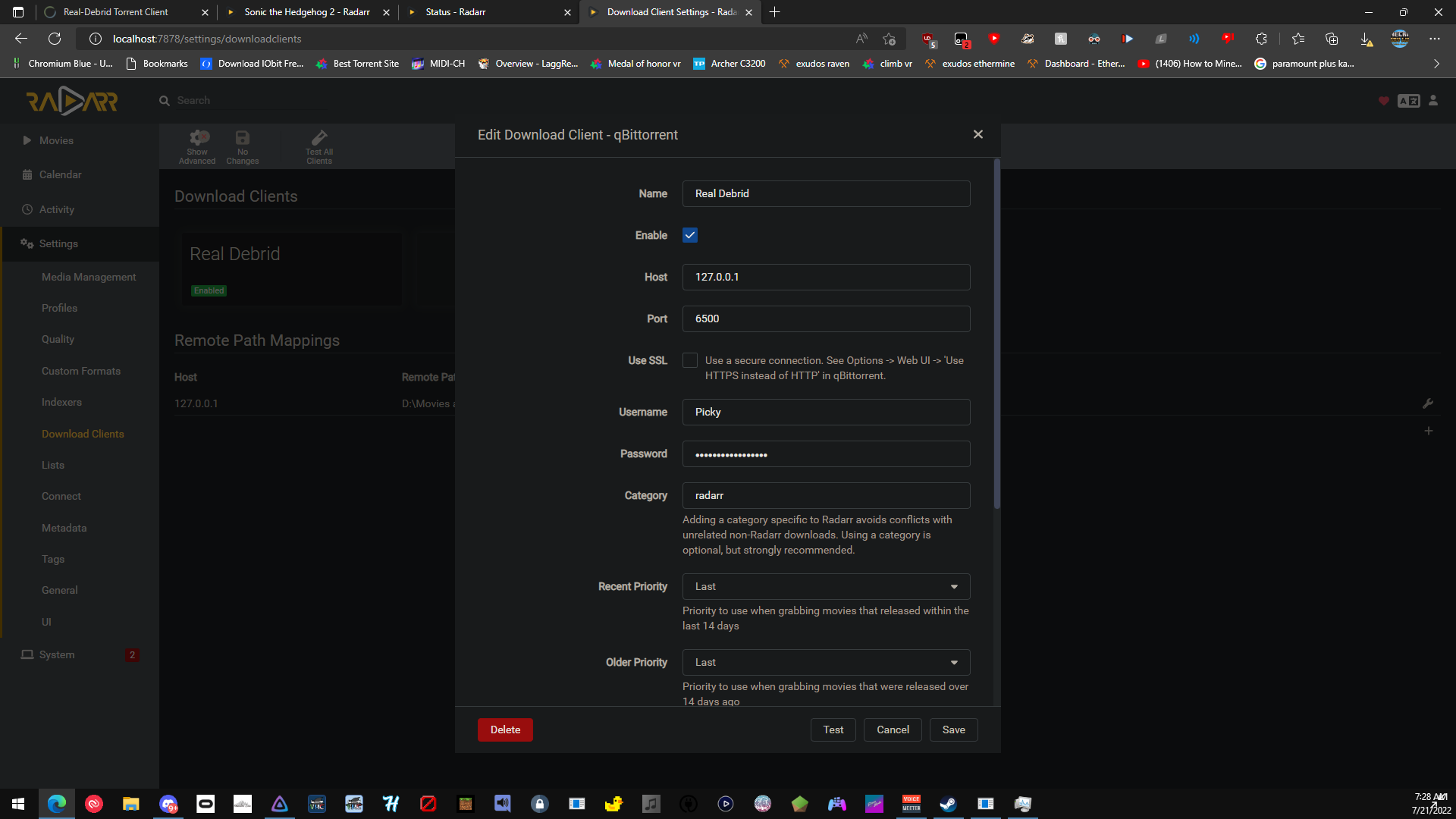 I'm on the rdt-client latest version service version on windows 10 ...