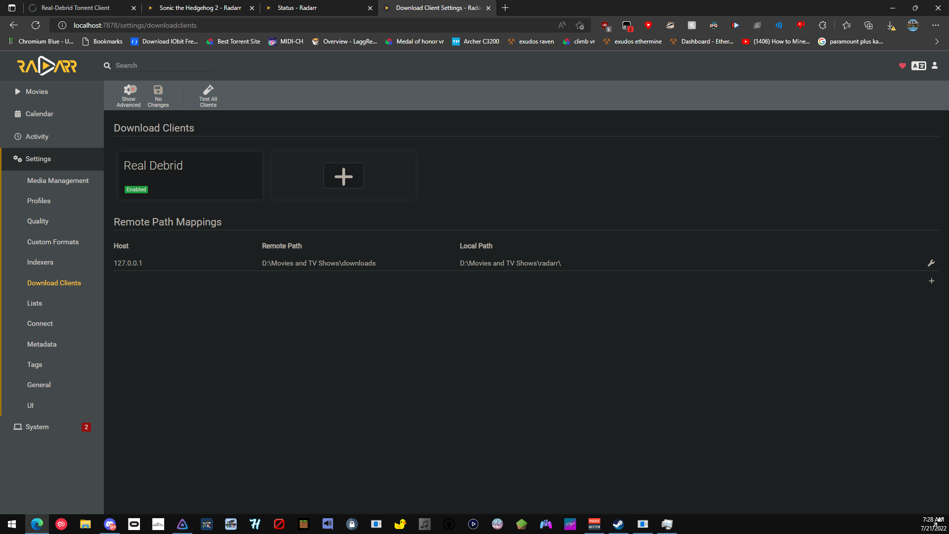 I'm on the rdt-client latest version service version on windows 10 ...
