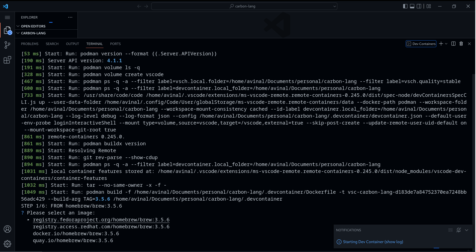 Bug Stuck On Image Selection While Dev Container Creation In Vs Code · Issue 2043 · Carbon 4442