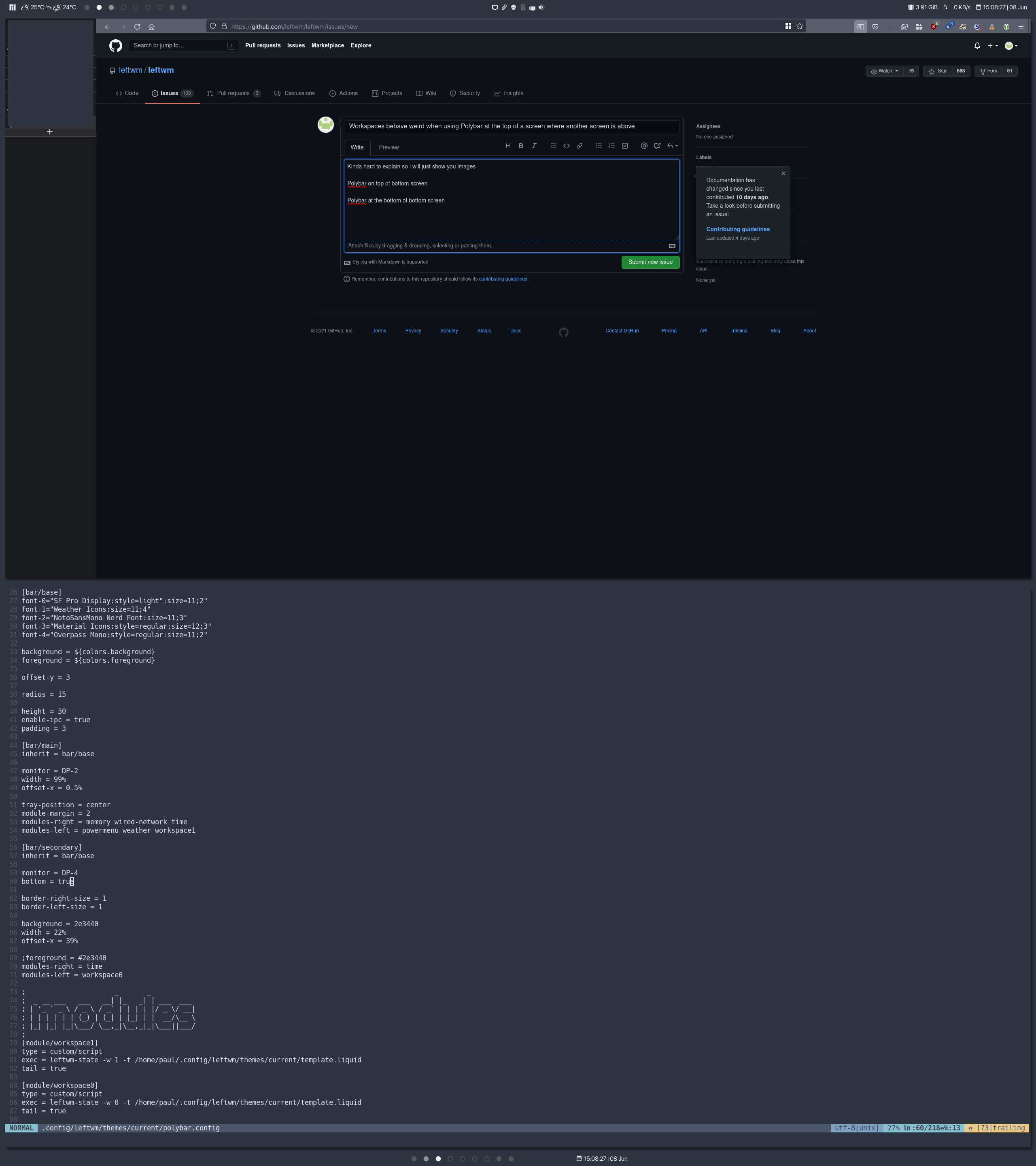 Workspaces behave weird when using Polybar at the top of a screen where another screen is above ...