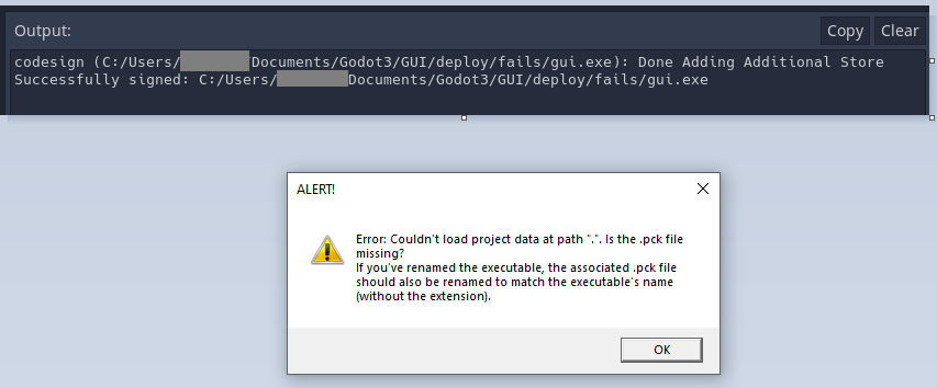 Godot3_signtool error: If param "Embed Pck" is set it cripples the ...