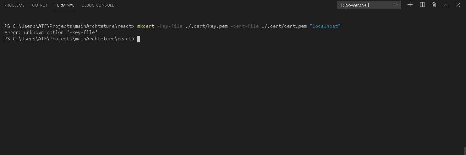 Error Try to execute command mkcert -key-file ./.cert/key.pem -cert-file ./.cert/cert.pem ...