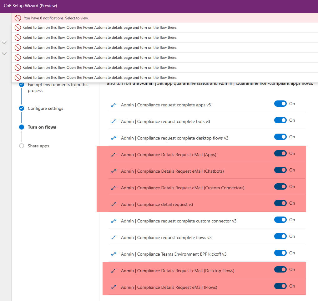 Coe Starter Kit Bug Setup Wizard Compliance Process Flows Fail To Enable But