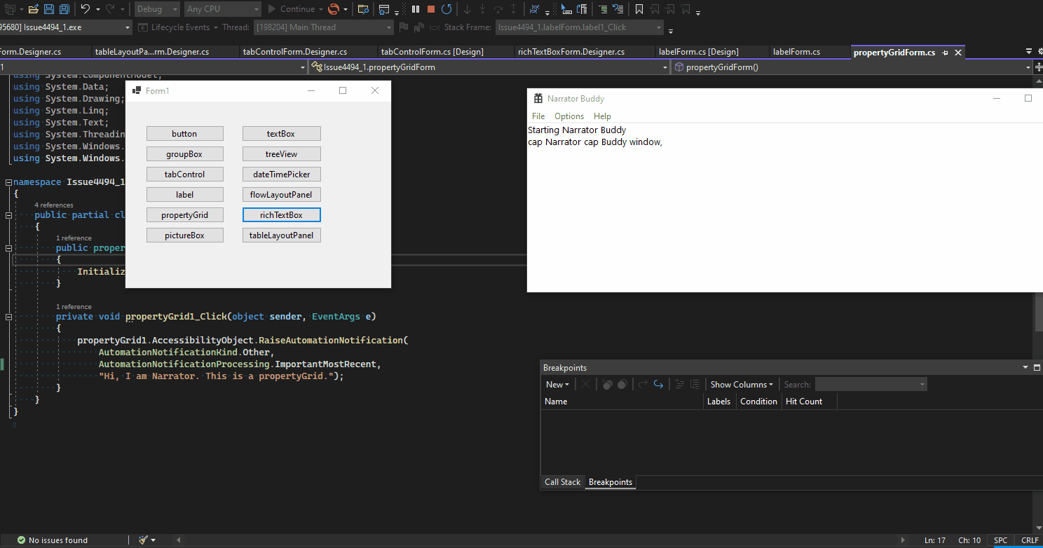 Accessibility: WinForms other controls should support UIA Notification event except those ...
