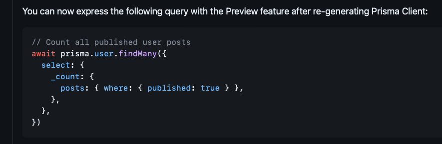 Preview feature feedback: Prisma count by filtered relation ...